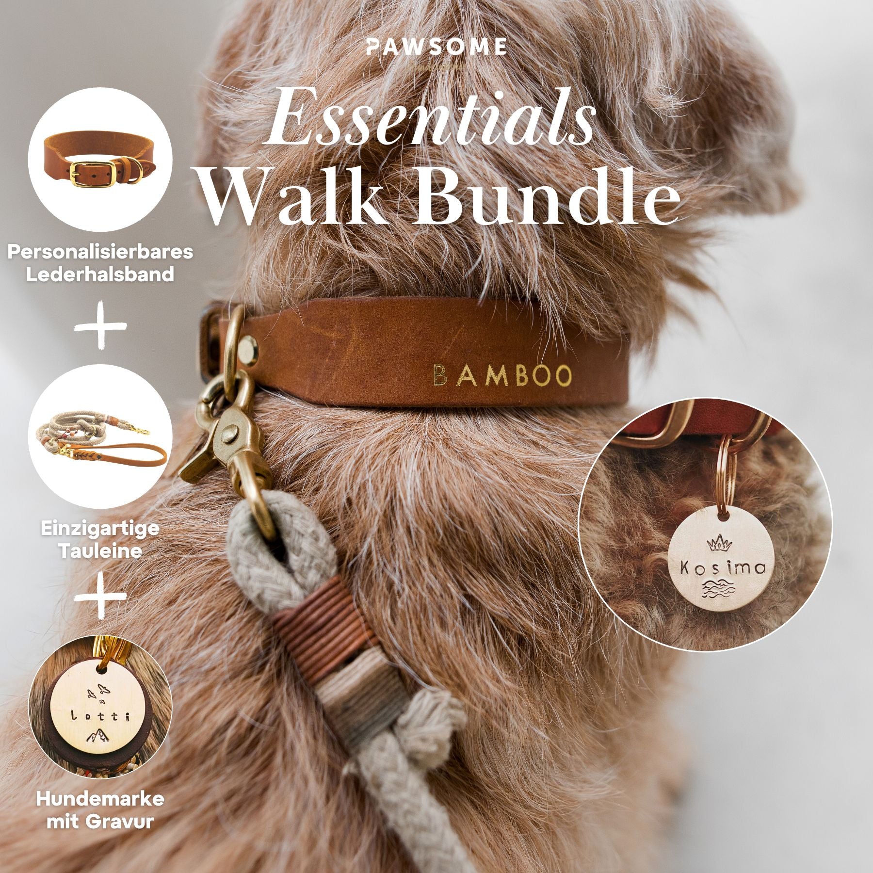 Collar & leash 'Earthy' for dogs made of leather & hemp rope | PAWSOME